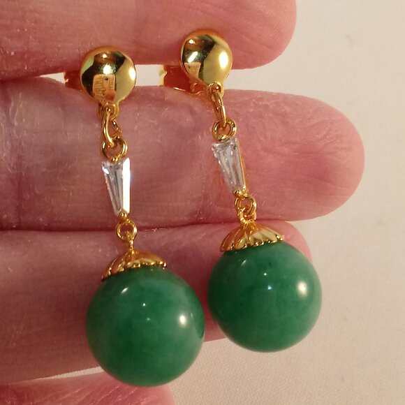 Jewelry | 18k Yellow Gold Filled Green Jade Ball Stone Diamond Zircon ...